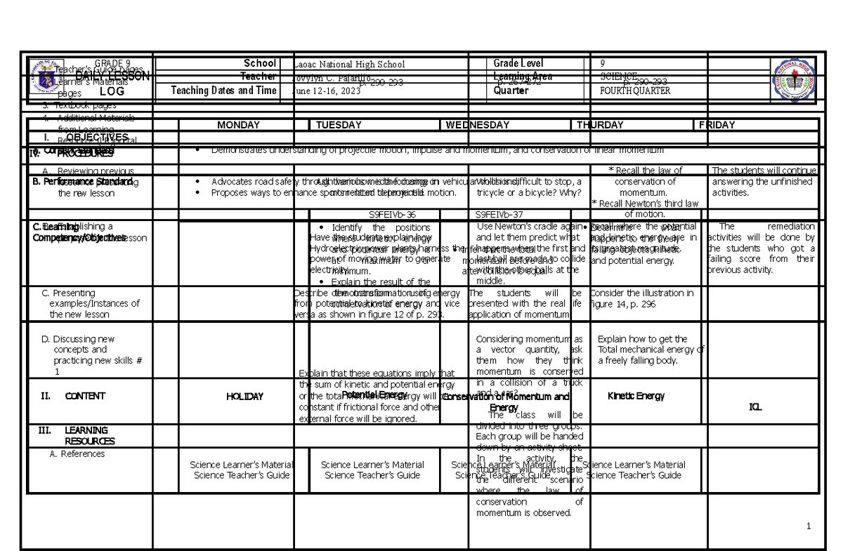 7th week DLL - DLL Science 9 - GRADE 9 DAILY LESSON LOG School Laoac ...