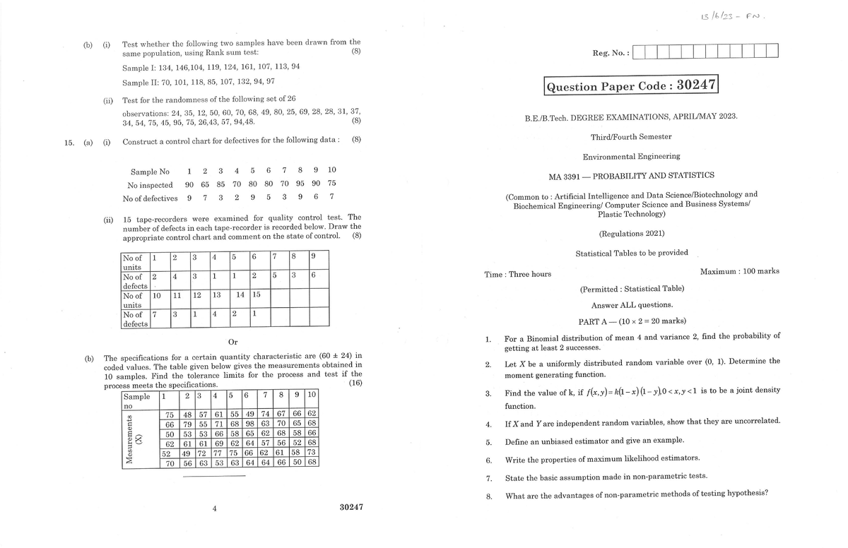 MA3391 - Probability and Statistics R2021 - 2023 April - FN. (b) (i ...