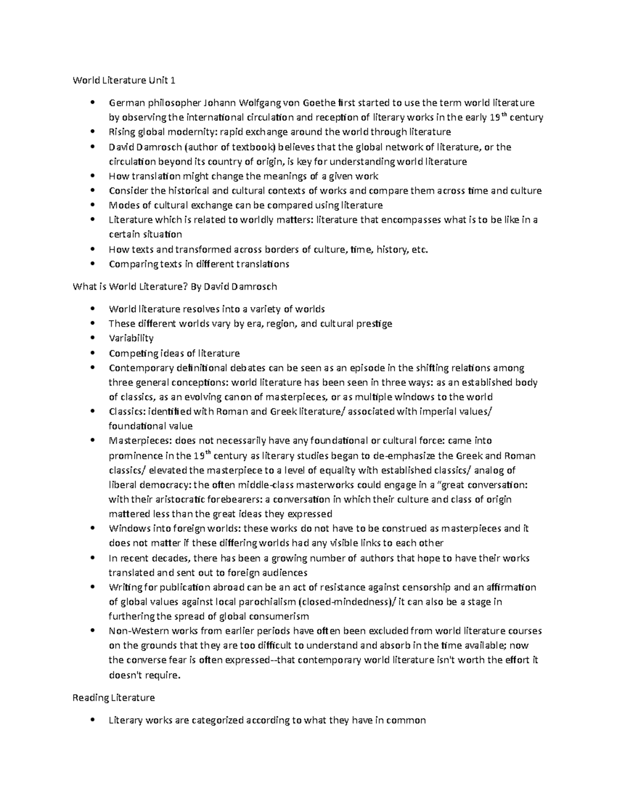 World Literature Unit 1 - ENGL 2111 - Studocu