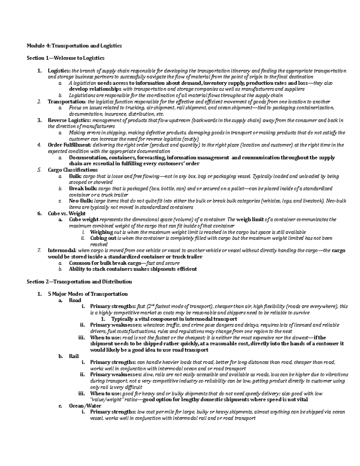 SCM 300 Module 4 SG - Module 4: Transportation and Logistics Section to ...