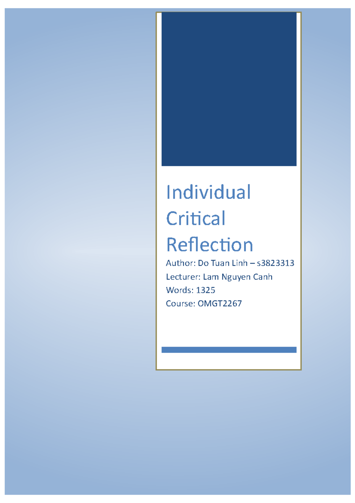 Individual Critical Reflection - Individual Critical Reflection Author ...