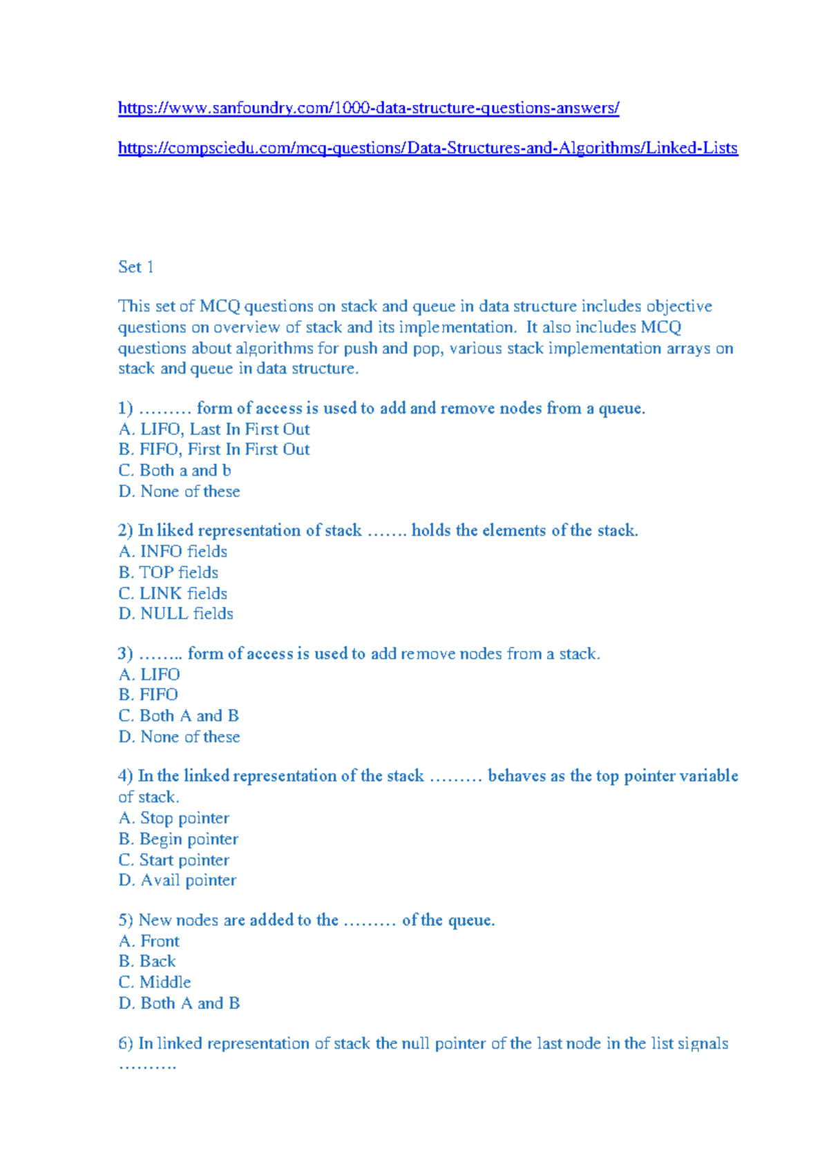 On tap trac nghiem - Exercise about DSA - sanfoundry/1000-data ...