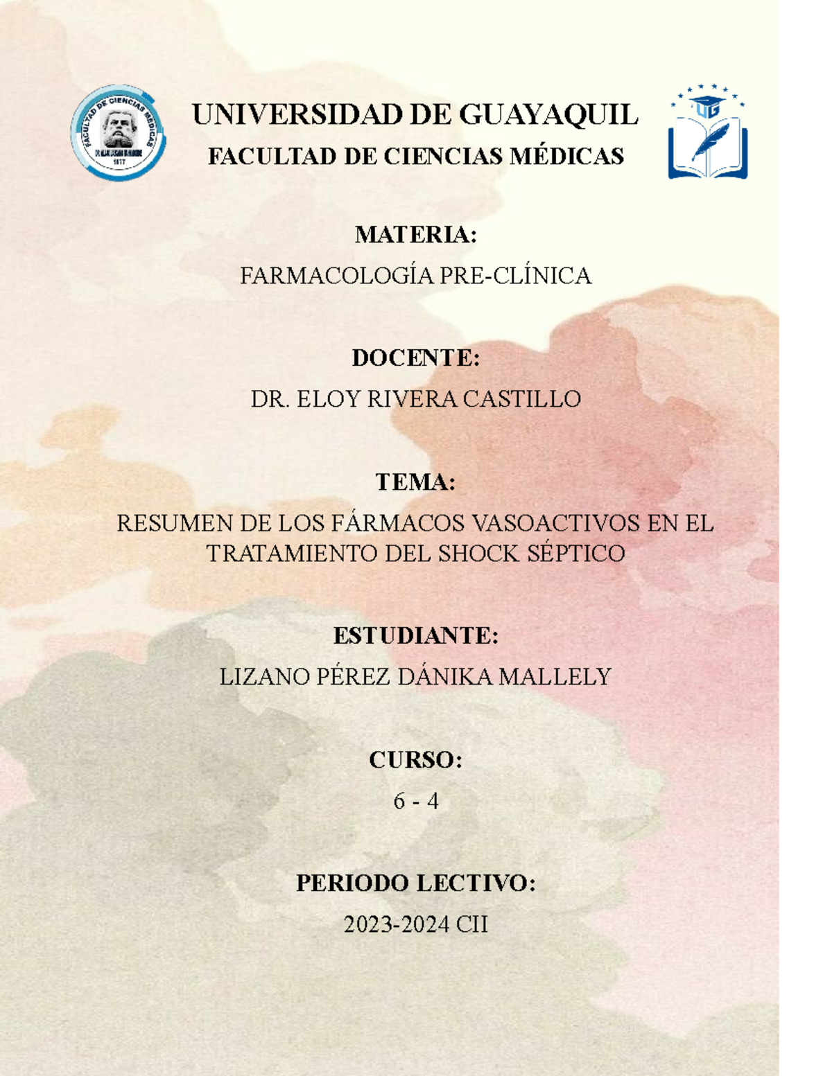 Fármacos vasoactivos en el tratamiento del shock séptico - UNIVERSIDAD DE GUAYAQUIL FACULTAD DE ...