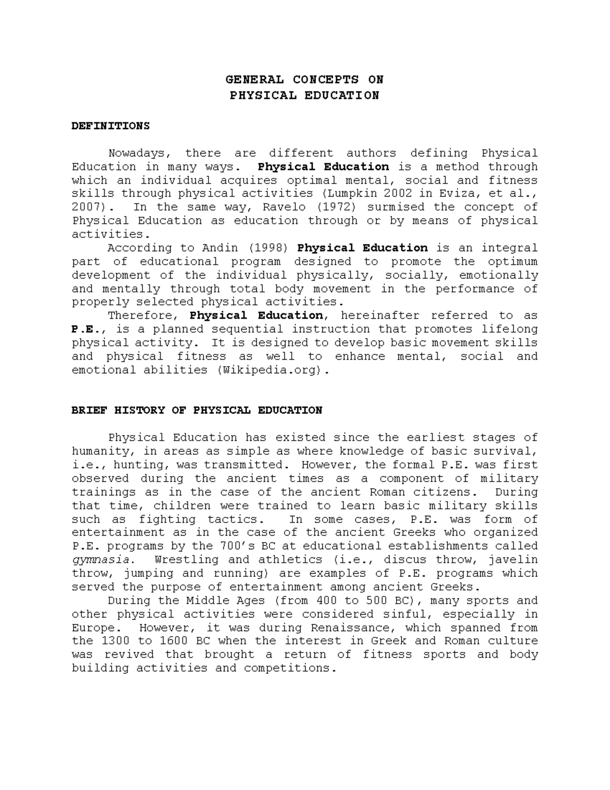 PE General Concepts on Physical Education - GENERAL CONCEPTS ON ...