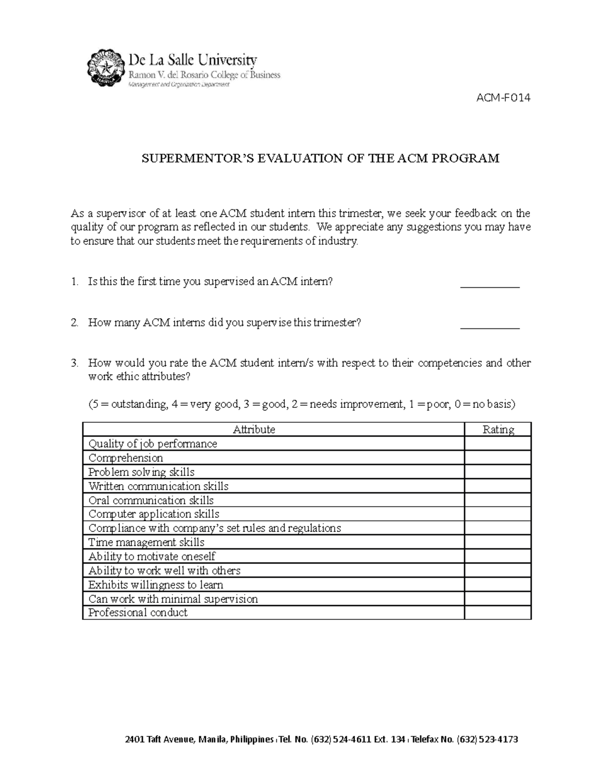 ACM-F014 Supermentor's Evaluation of ACM Program - ACM-F SUPERMENTOR’S ...