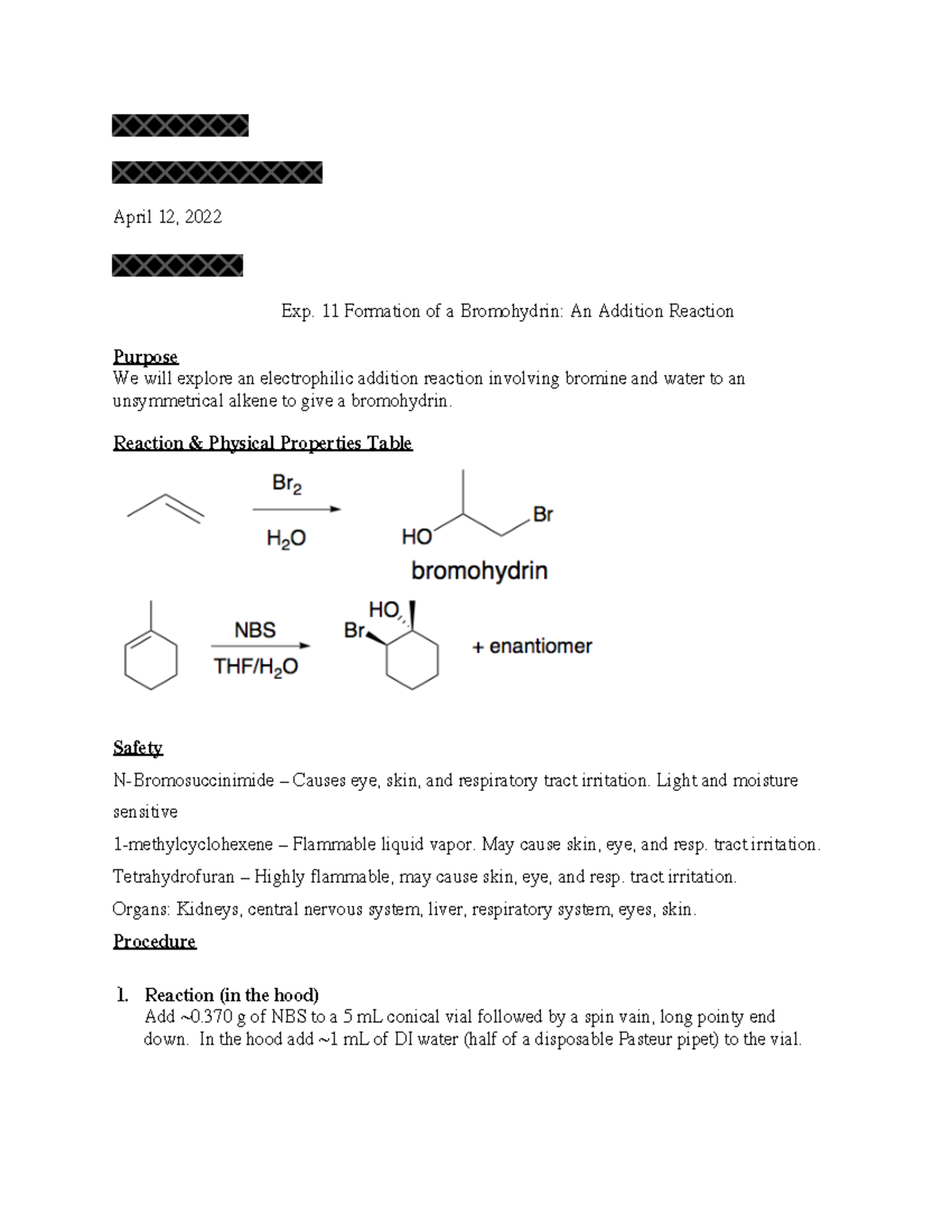 Organic chem experiment 11 - April 12, 2022 Exp. 11 Formation of a ...