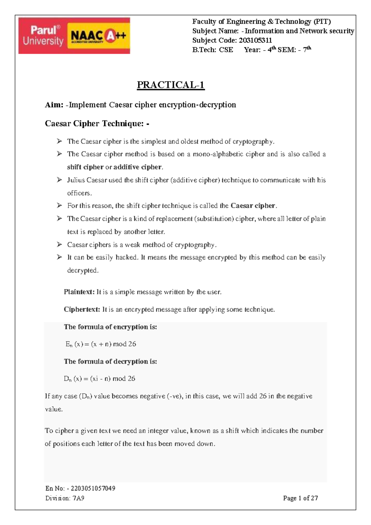 INS LAB (All Practicals in one file) - En No: - 2203051057049 Subject ...