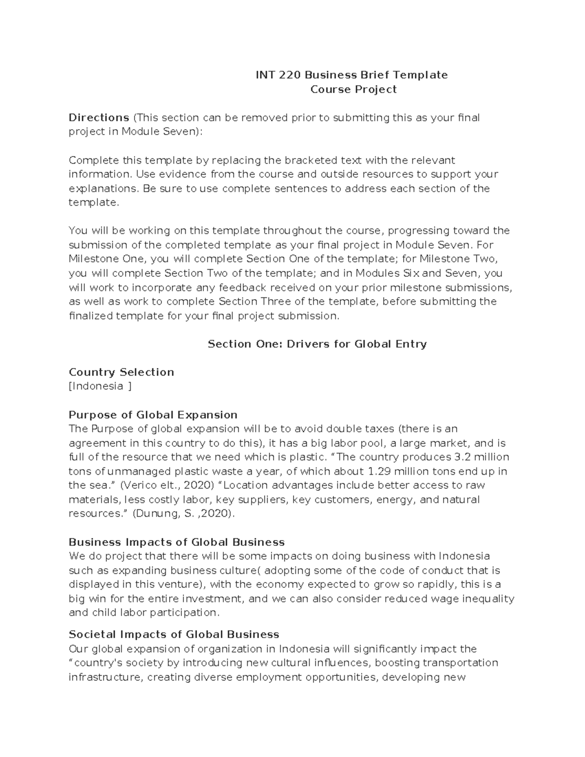 INT 220 Business Brief Template Course Project Directions (Th - INT 220 ...