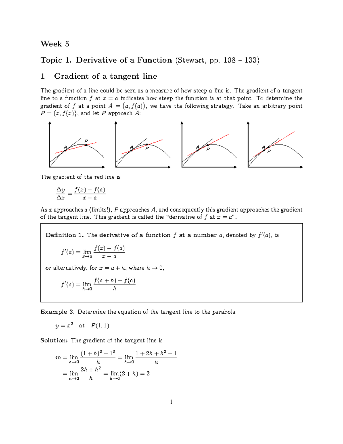 Week 5.1E Derivative of a Function - Week 5 Topic 1. Derivative of a Function (Stewart, pp. 108 ...