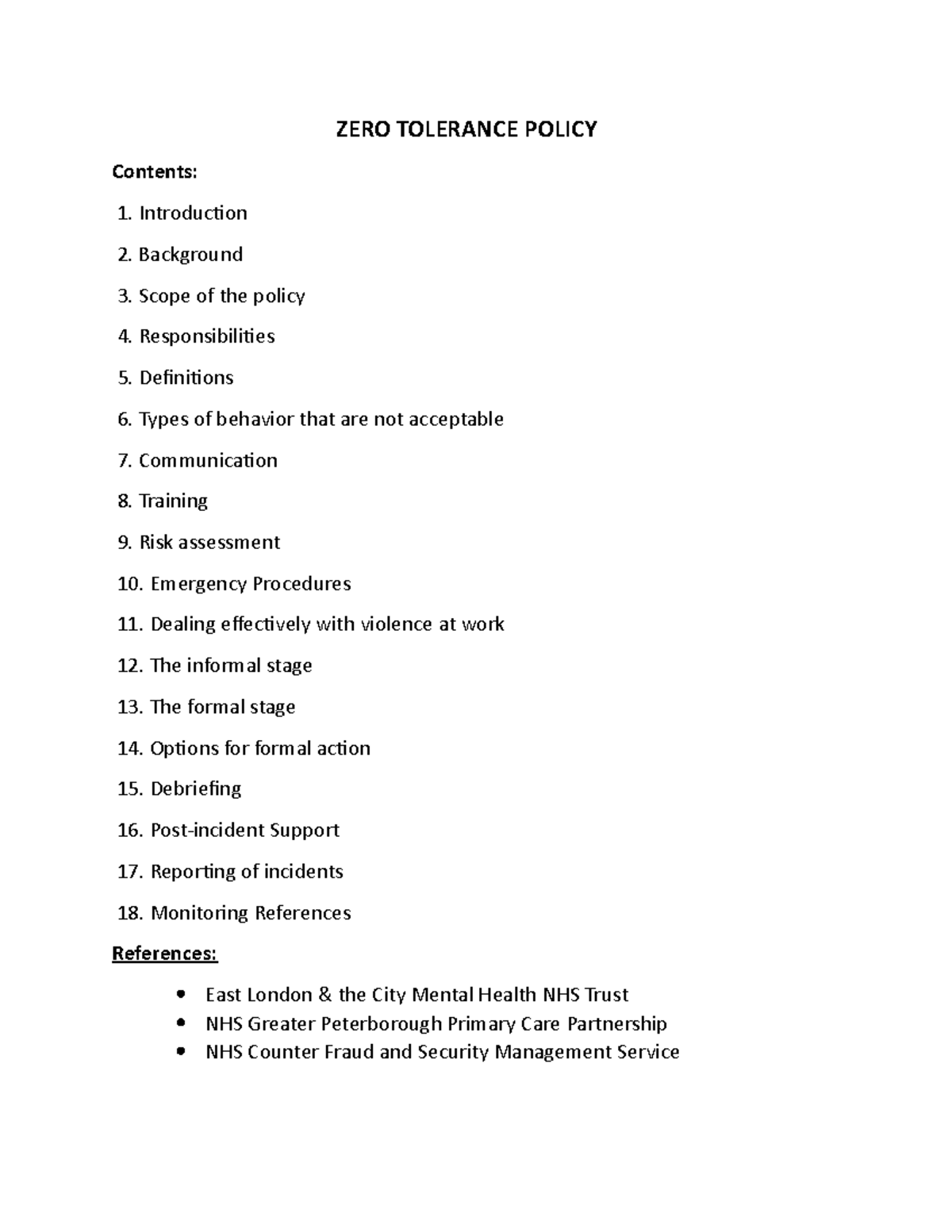 ZERO Tolerance - ZERO TOLERANCE POLICY Contents: Introduction ...