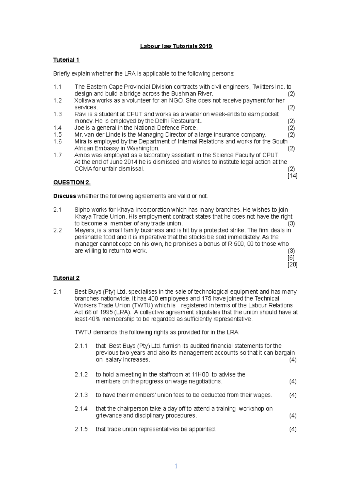 Labour law Tutorials 2019 2nd term - Labour law Tutorials 2019 Tutorial ...