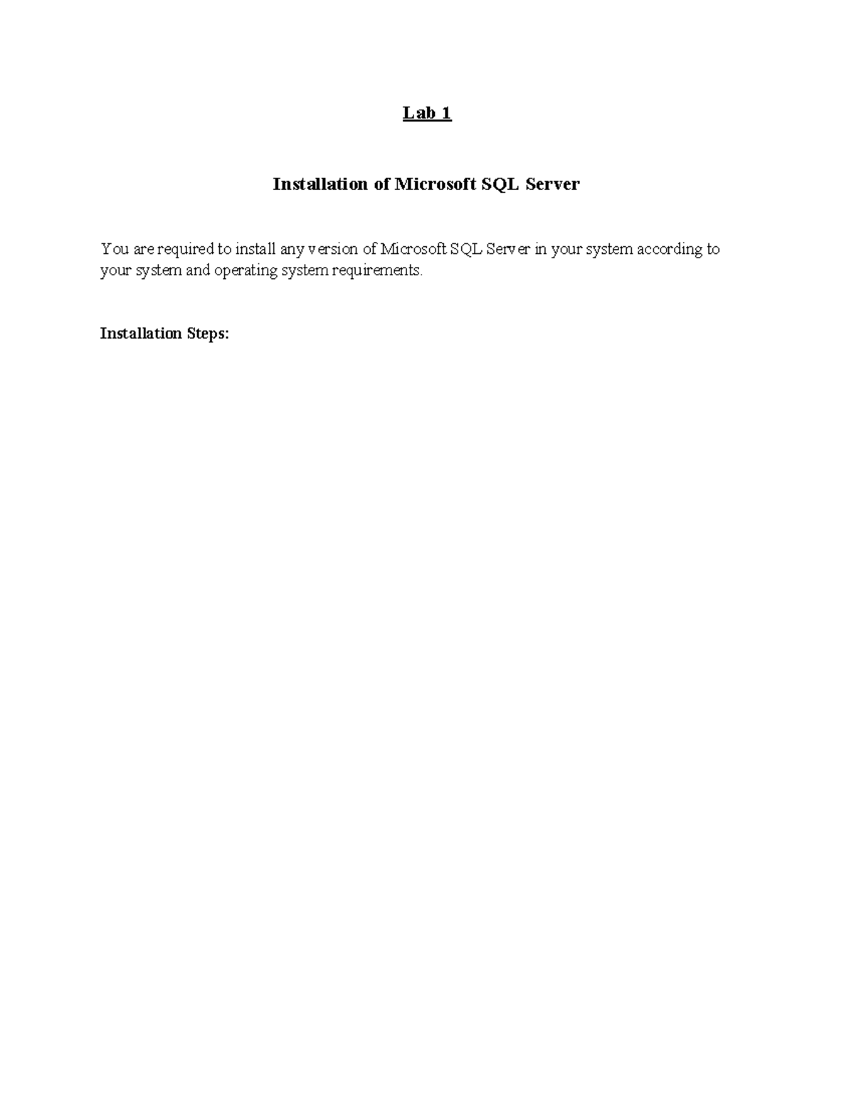 Lab 1-Installation of Microsoft SQL Server - Database Management Systems - Installation Steps ...