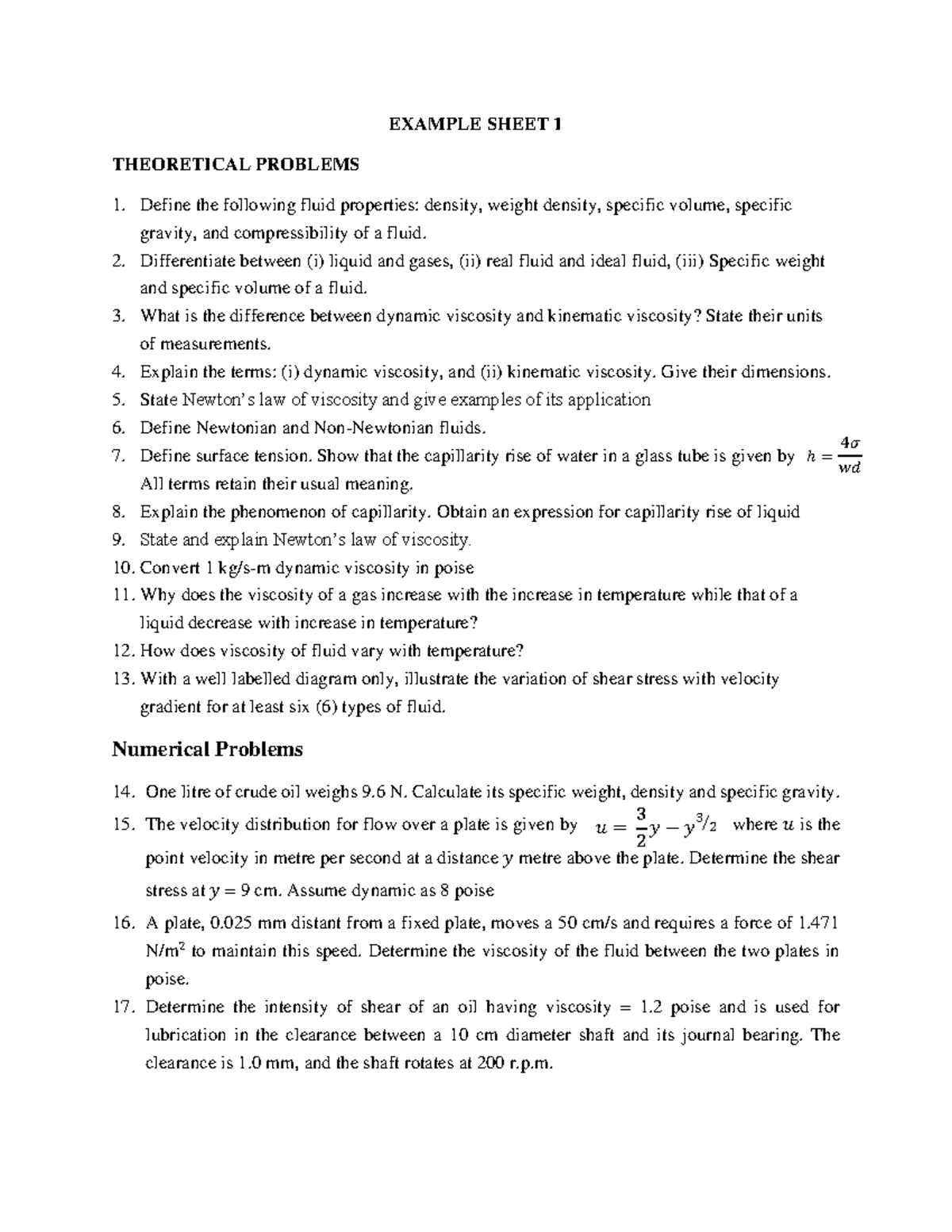 Example Sheet 1 - Question - EXAMPLE SHEET 1 THEORETICAL PROBLEMS ...