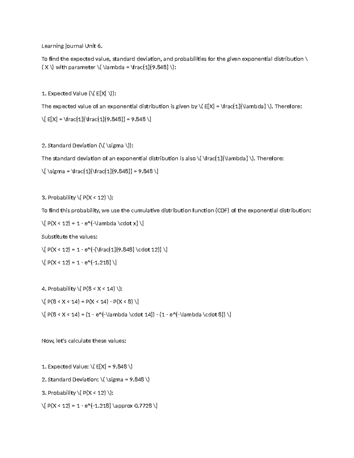 Learning journal Unit 6 - To find the expected value, standard deviation, and probabilities for ...