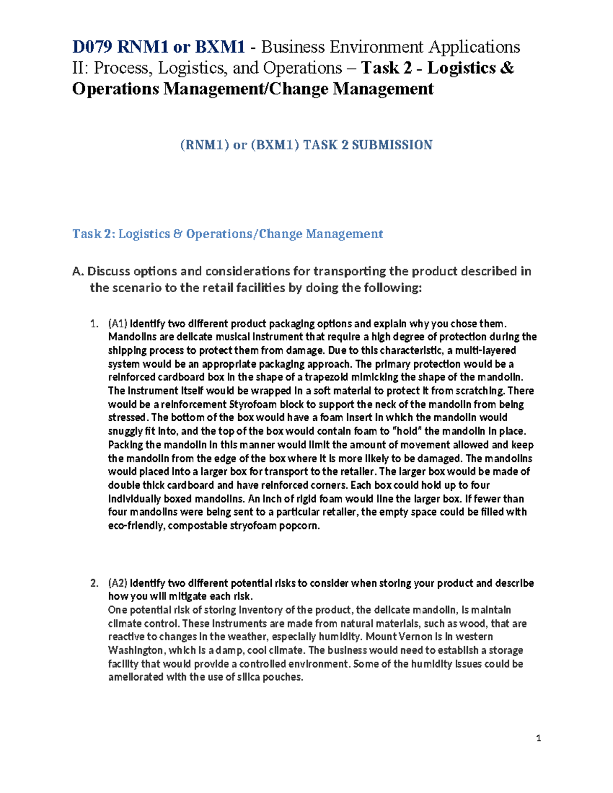 D079 - Task 2 - Task 2 - D079 RNM1 or BXM1 - Business Environment ...