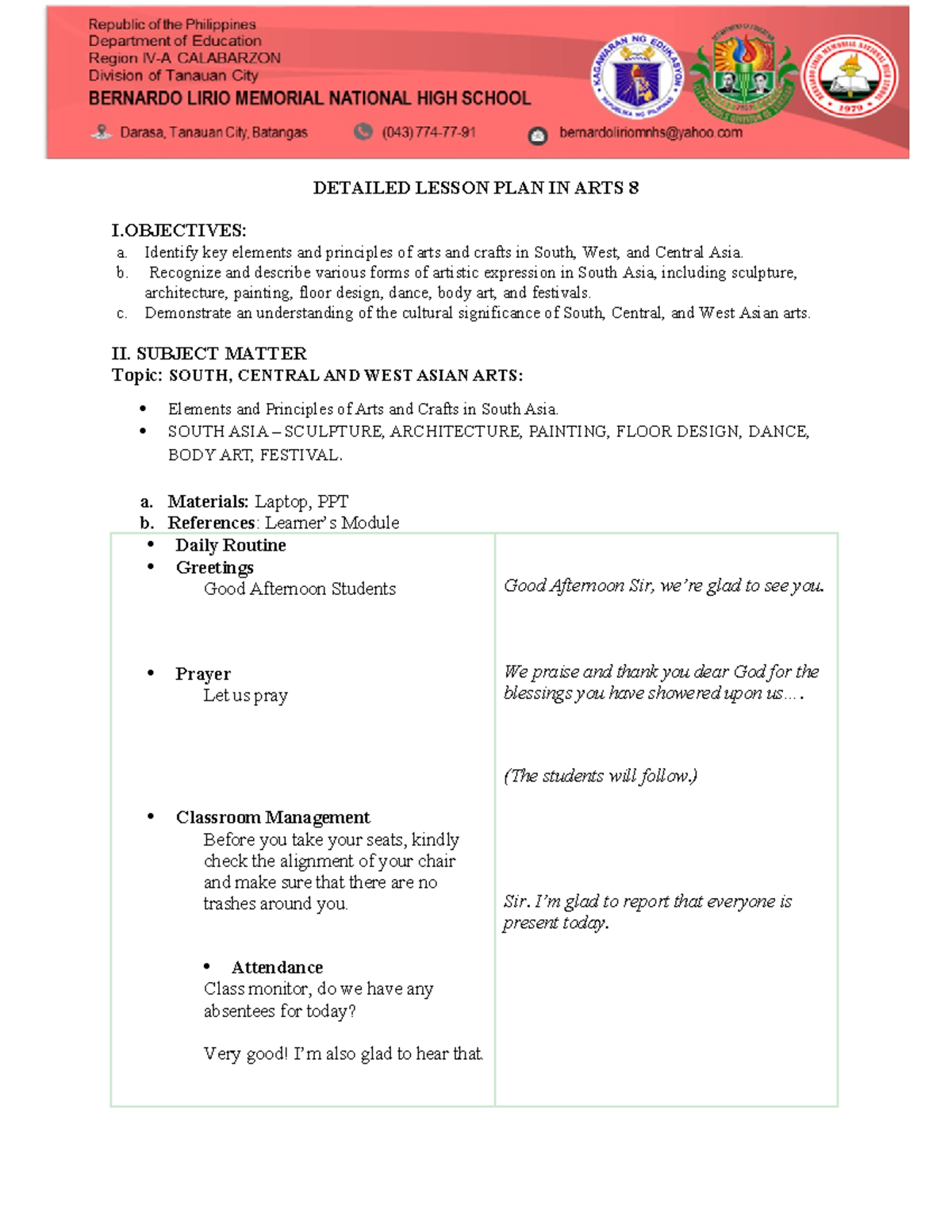Detailed Lesson PLAN IN ARTS 8 - DETAILED LESSON PLAN IN ARTS 8 I: a ...