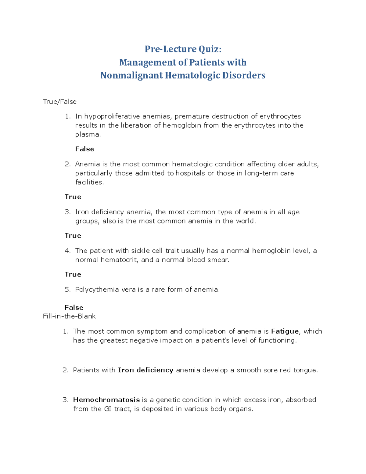 PLQ 9:18:24 PDF - Completed Pre-Lecture assignment. - Pre-Lecture Quiz: Management of Patients ...