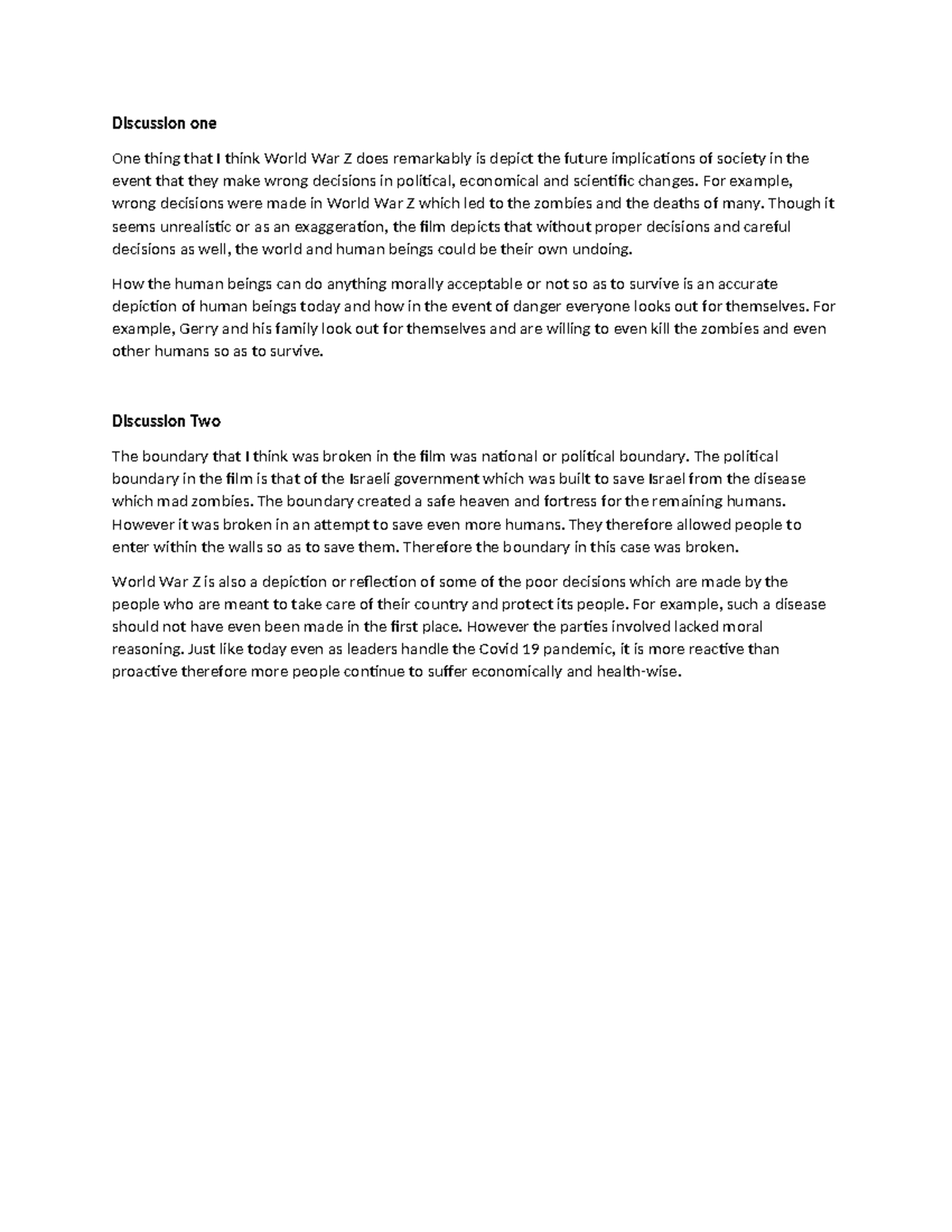 World War Z - FILM ESSAY - Discussion one One thing that I think World ...