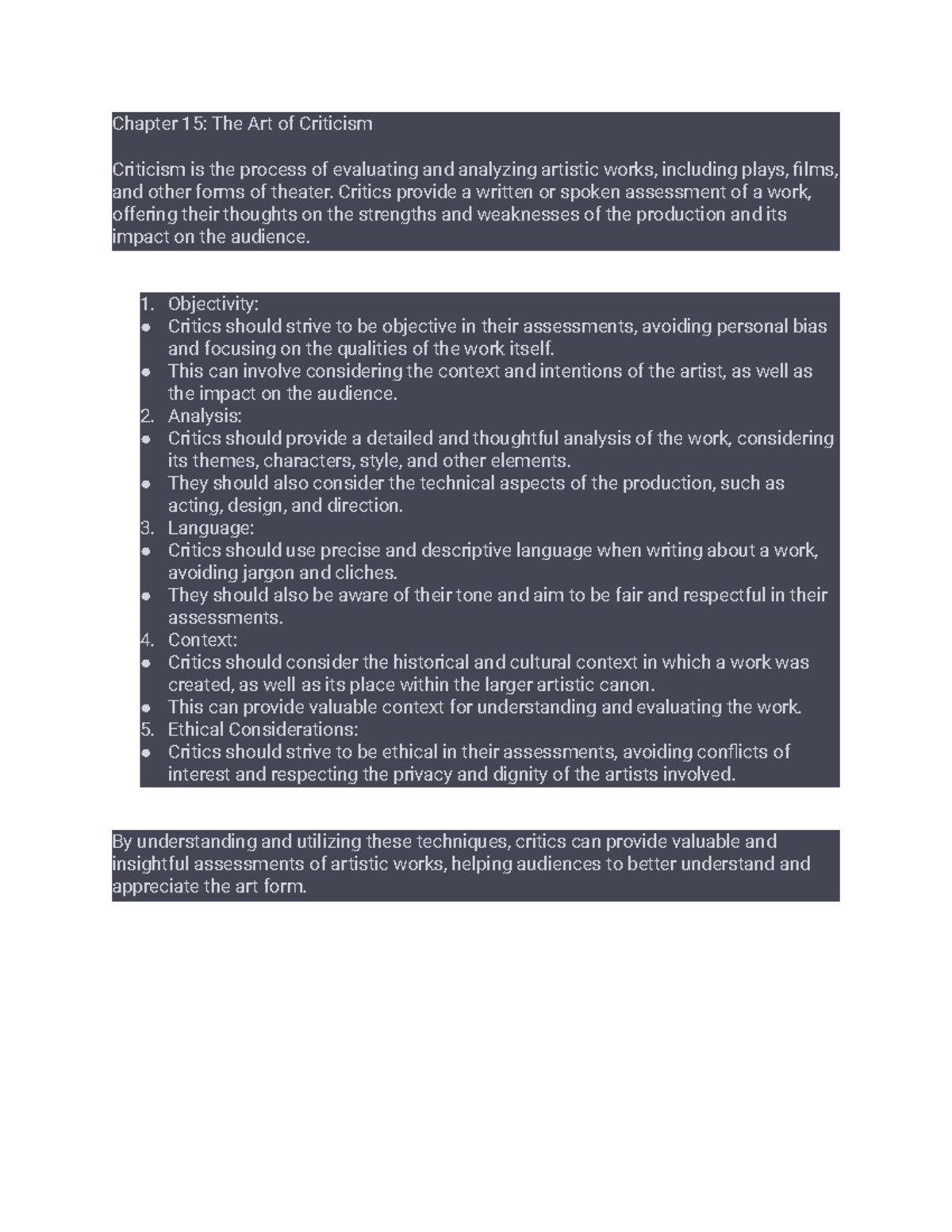 Dramatic Arts Chapter 15 Notes - Chapter 15: The Art of Criticism ...