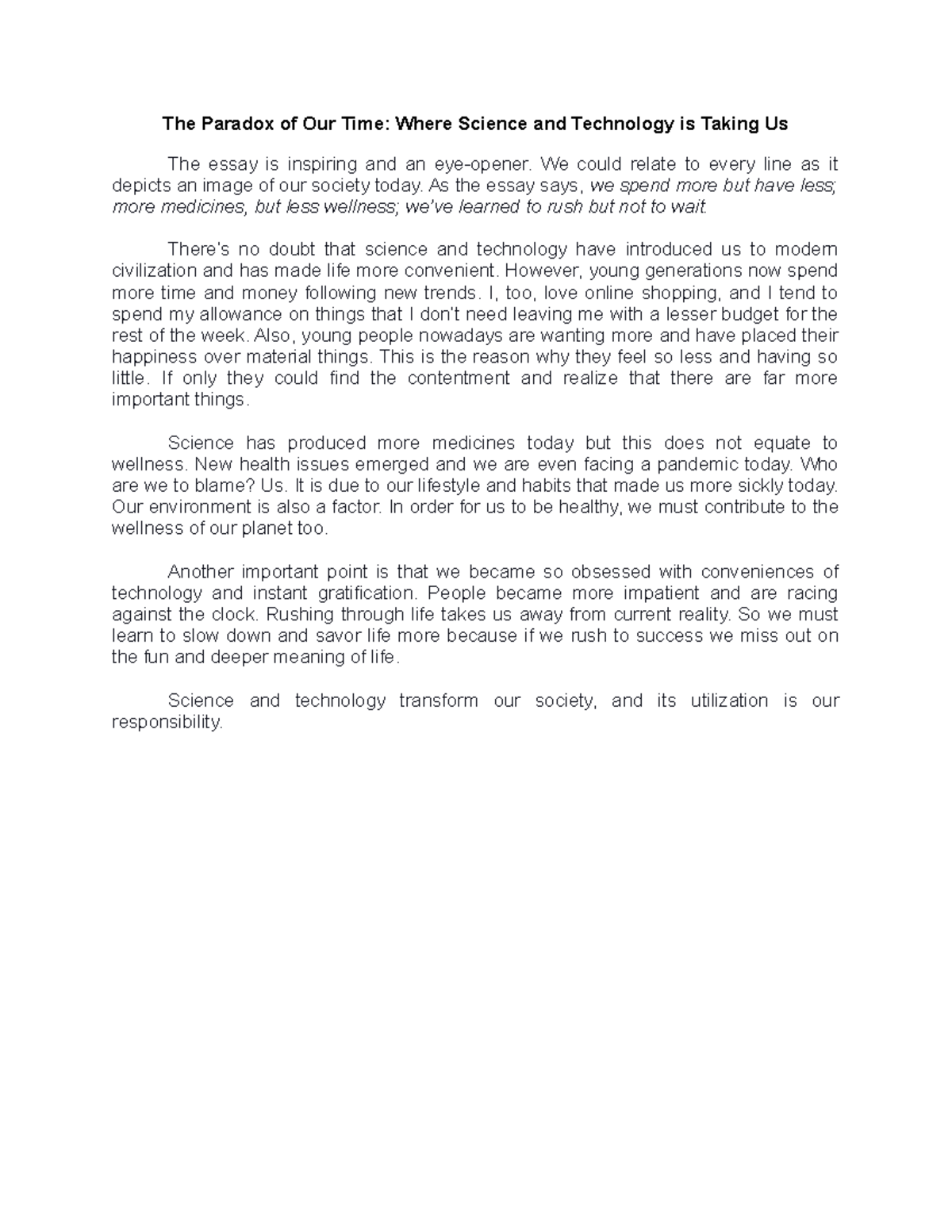 STS Chapter 1 - The Paradox of Our Time Activity - The Paradox of Our ...