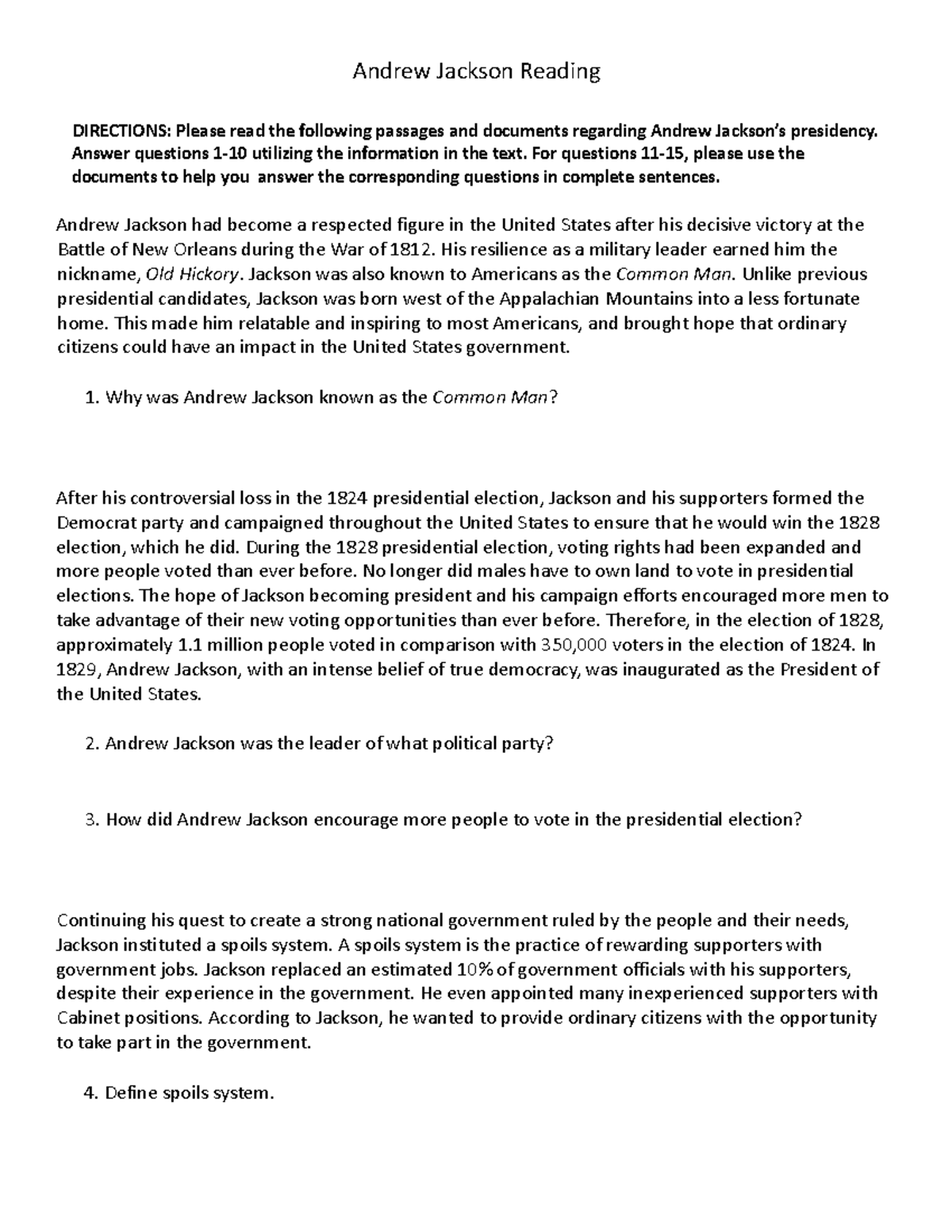 Andrew jackson reading - Andrew Jackson Reading DIRECTIONS: Please read ...