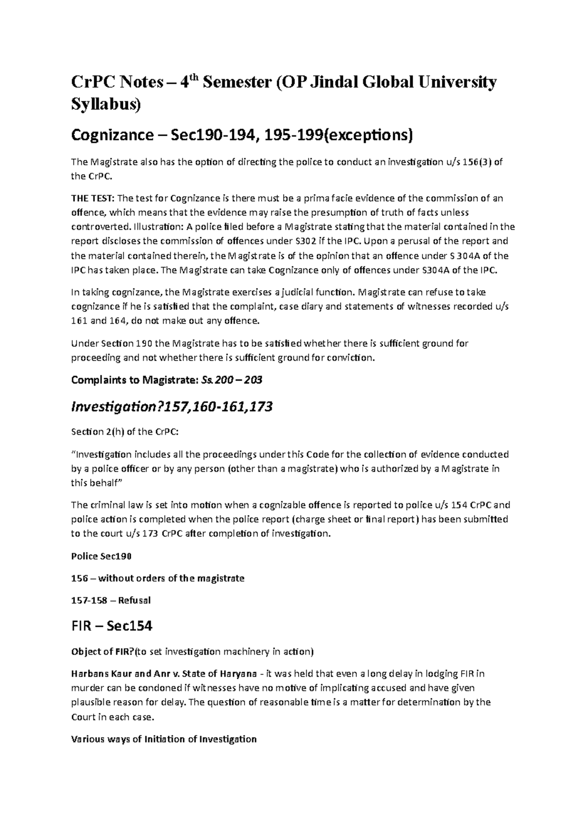 Criminal Procedure code notes - CrPC Notes – 4 th Semester (OP Jindal ...