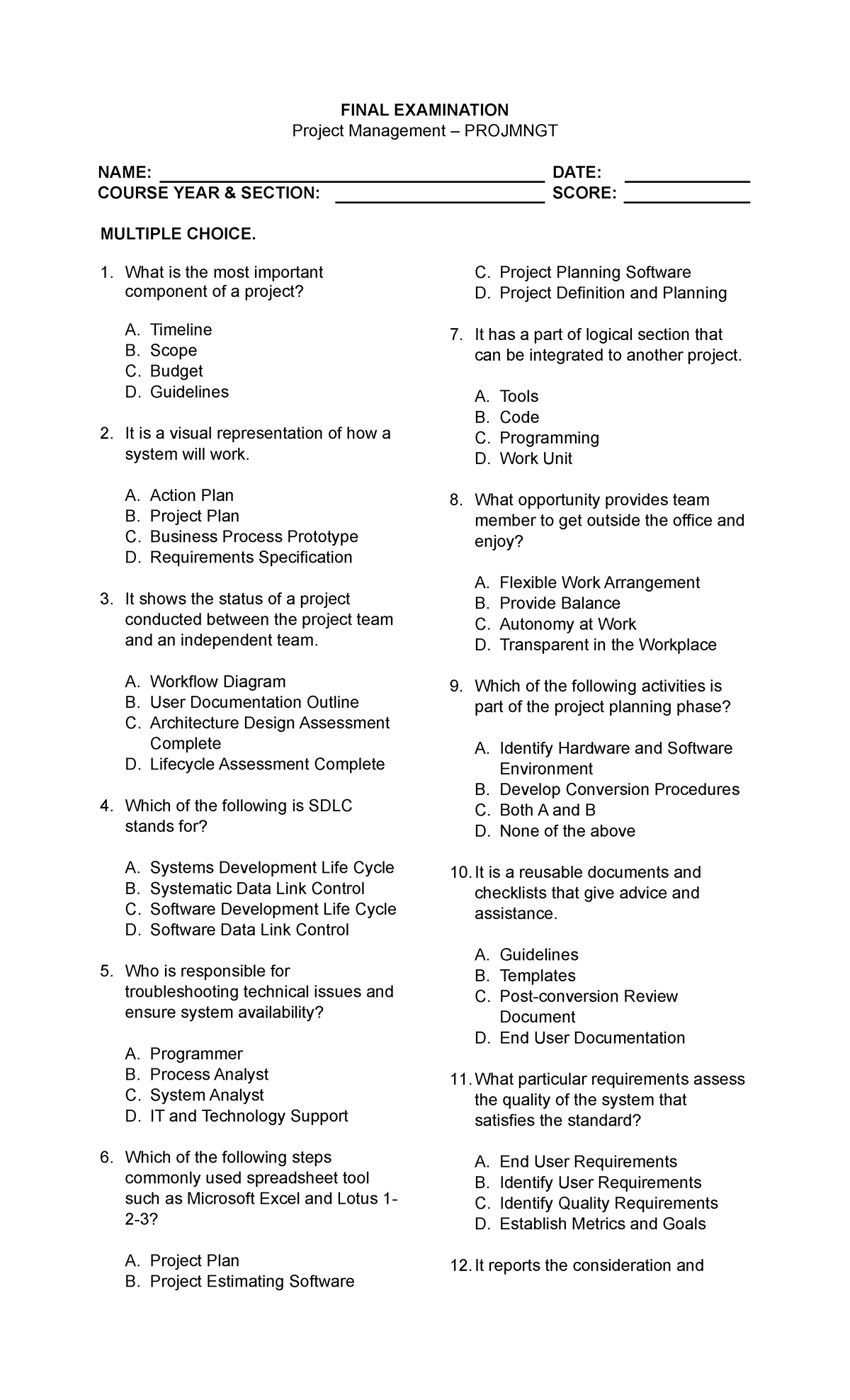 Projmngt Final- Examination - FINAL EXAMINATION Project Management ...