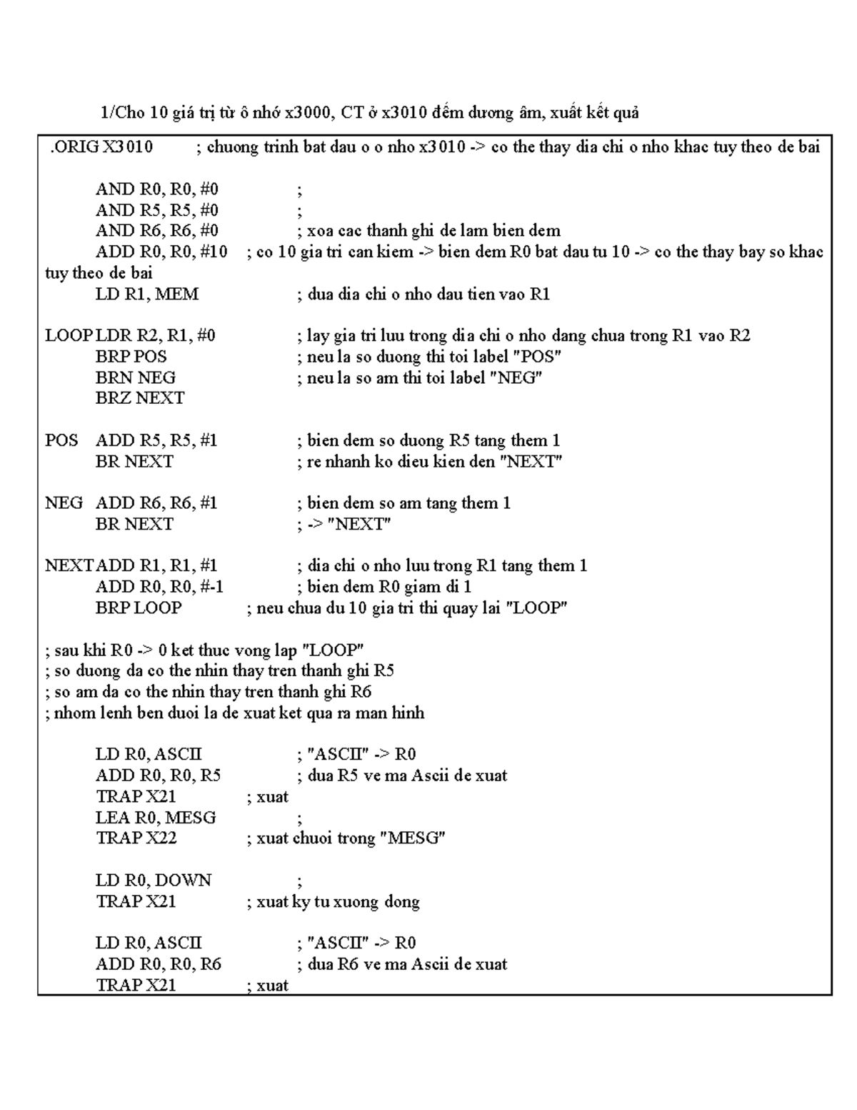 BTLC3 - Code mẫu LC3 - 1/Cho 10 giá trị từ ô nhớ x3000, CT ở x3010 đếm dương âm, xuất kết quả ...