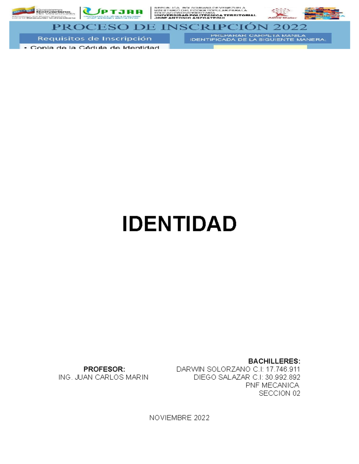 Identidad TEMA 1 - IDENTIDAD BACHILLERES: PROFESOR: DARWIN SOLORZANO C ...