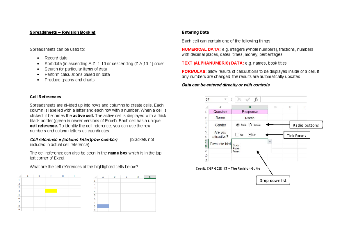 Spreadsheets-revision-booklet - Spreadsheets – Revision Booklet Spreadsheets can be used to ...