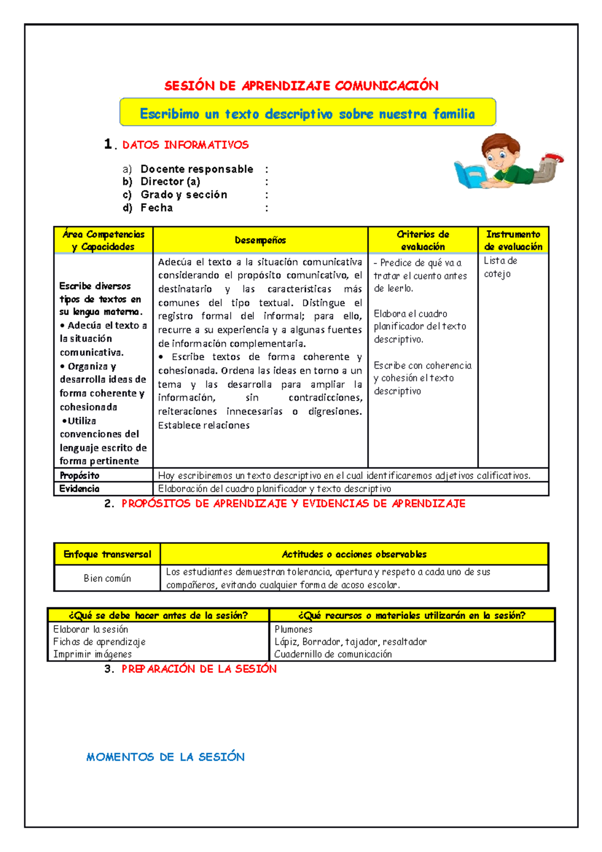 Comunicación - Escribimos un texto descriptivo - SESIÓN DE APRENDIZAJE COMUNICACIÓN 1. DATOS ...