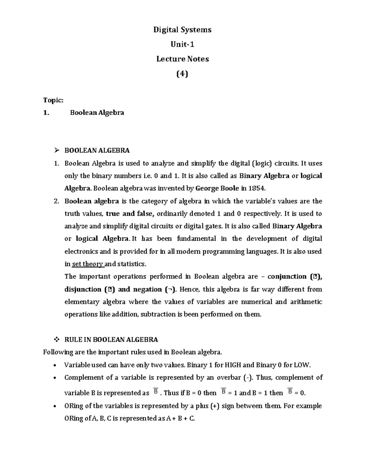 Digital Systems Unit 1 Boolean Algebra Digital Systems Unit Lecture Notes 4 Topic 