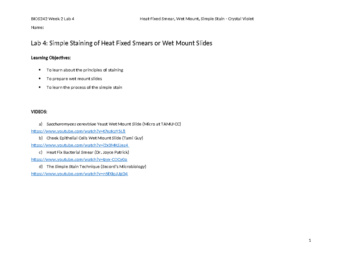 Dr. Zeine Week 2 Lab Wet Mount, Simple Stain, Heat-Fixed Smear - Name ...