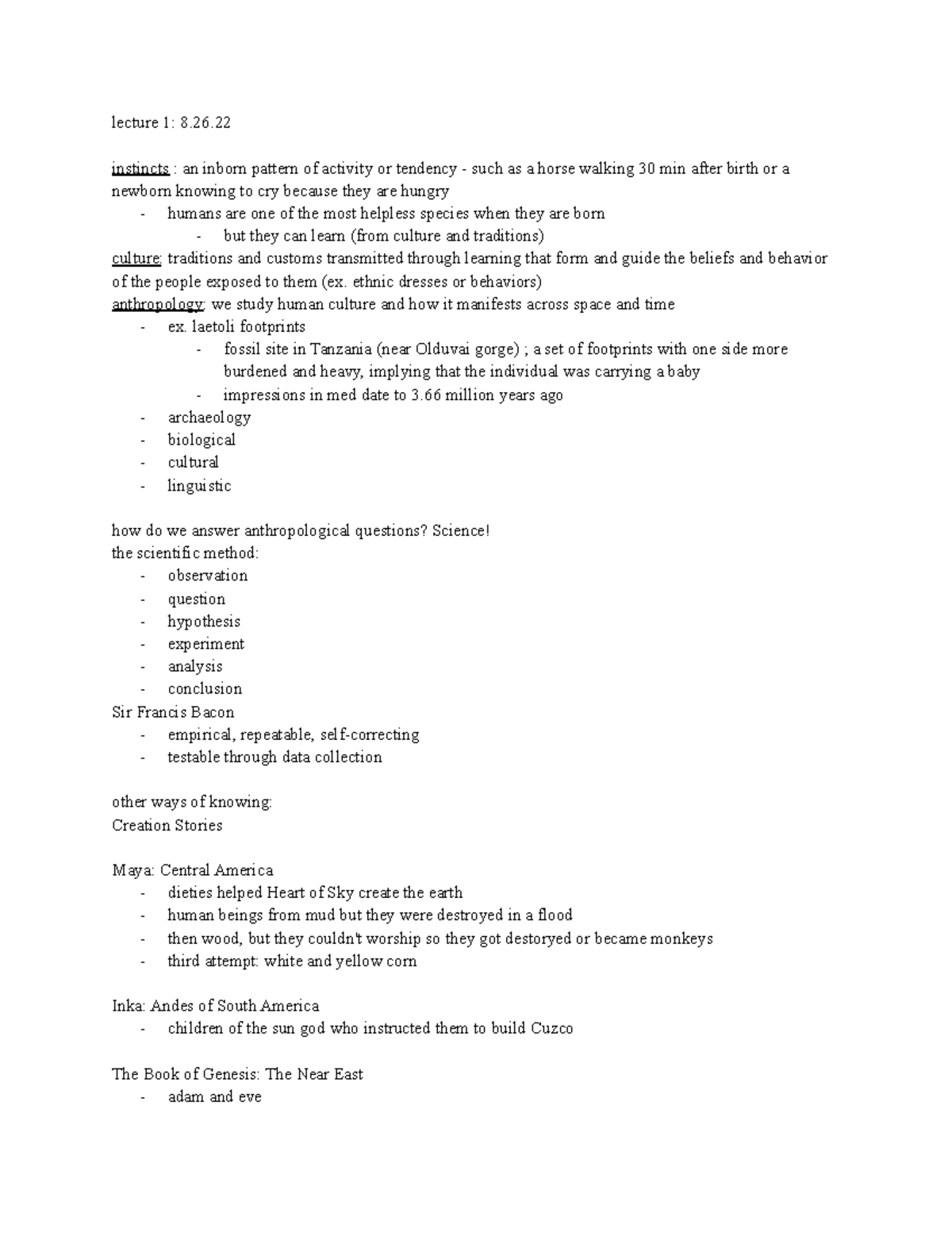 Anthro lecture 1 - lecture 1: 8. instincts : an inborn pattern of ...