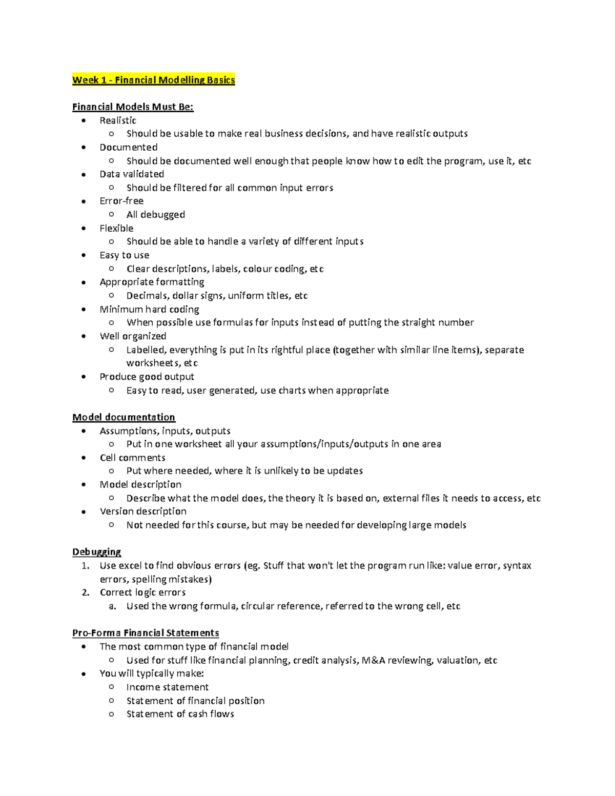 Final Exam Study Notes - Week 1 - Financial Modelling Basics Financial ...