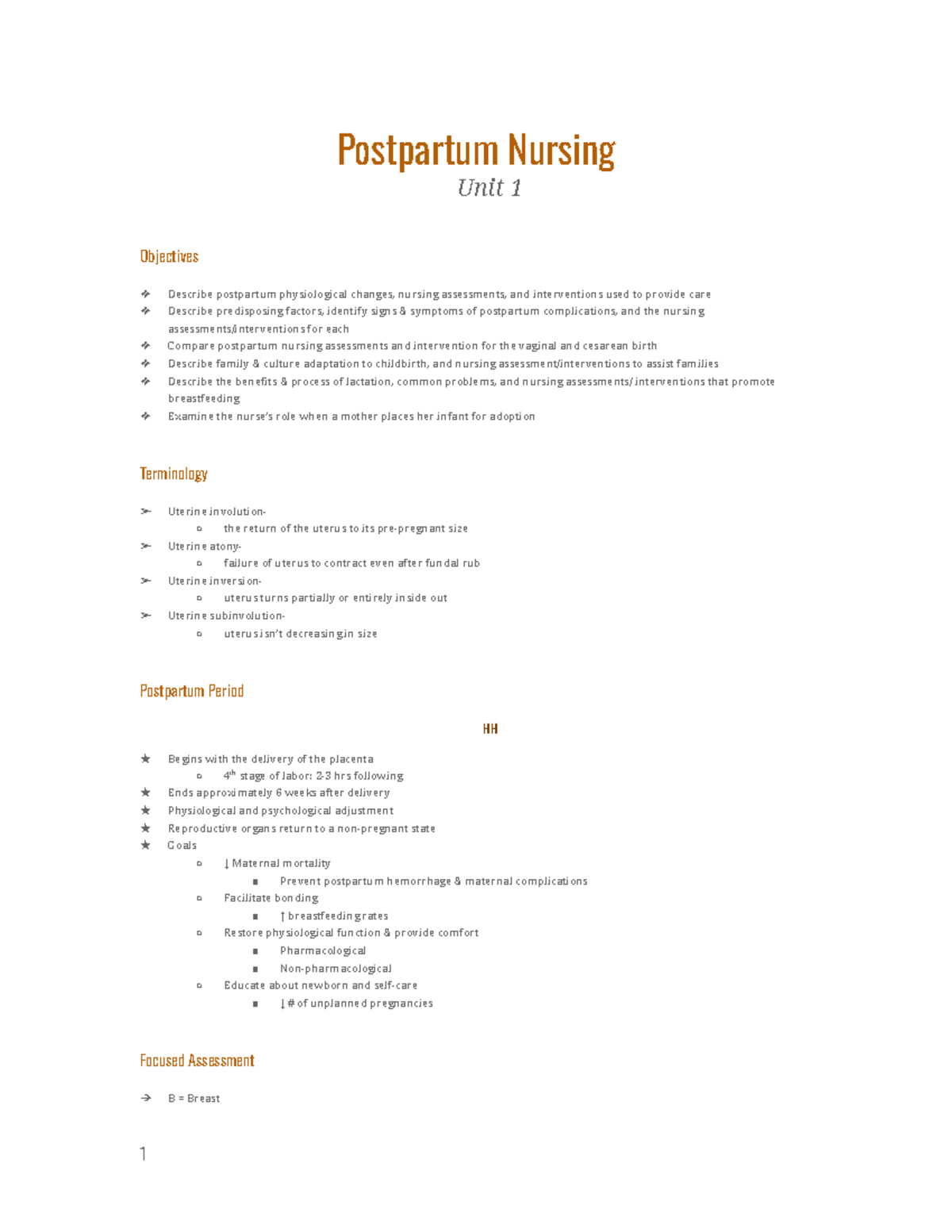 Postpartum Nursing - Postpartum Nursing Unit 1 Objectives Describe ...