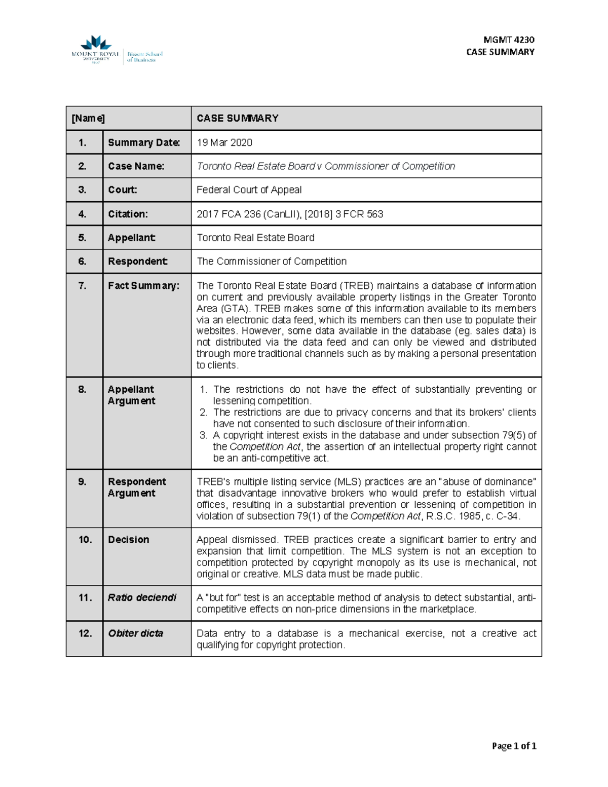 12. The Comm of Competition v Toronto REB, Case Summary - Page 1 of 1 ...