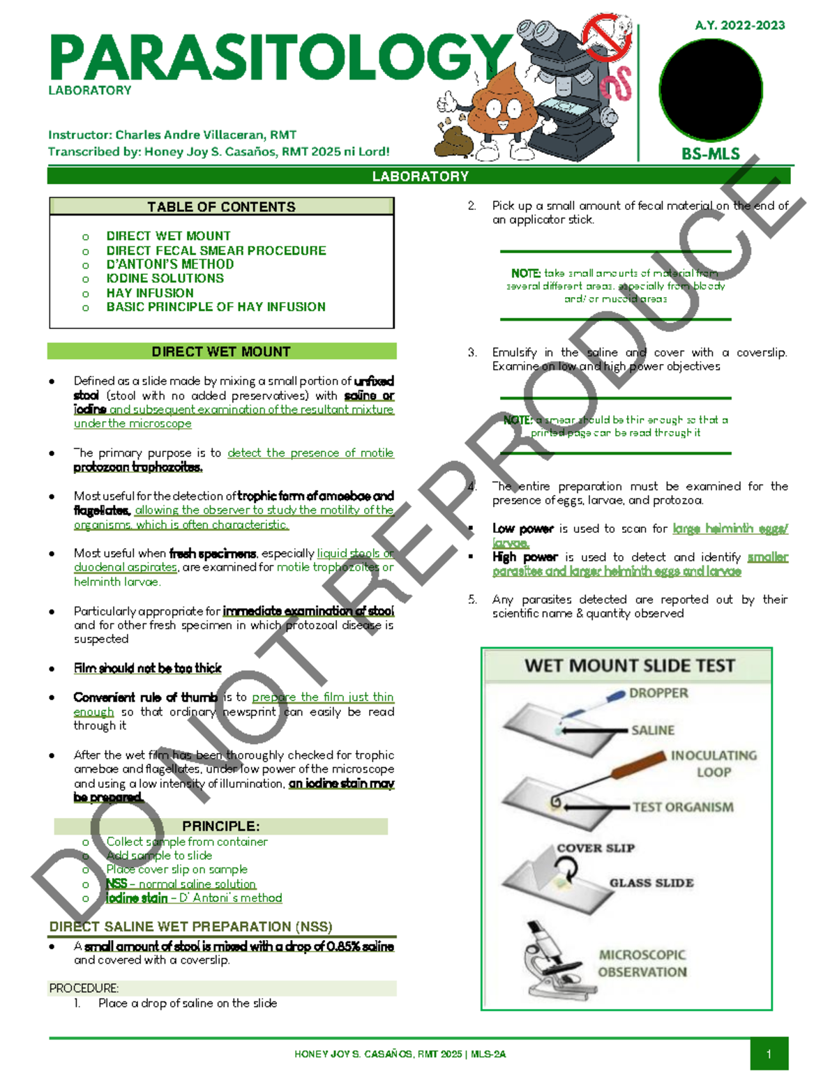 Parasitology Lab: Wet Mount Preparation - HONEY JOY S. CASAÑOS, RMT ...