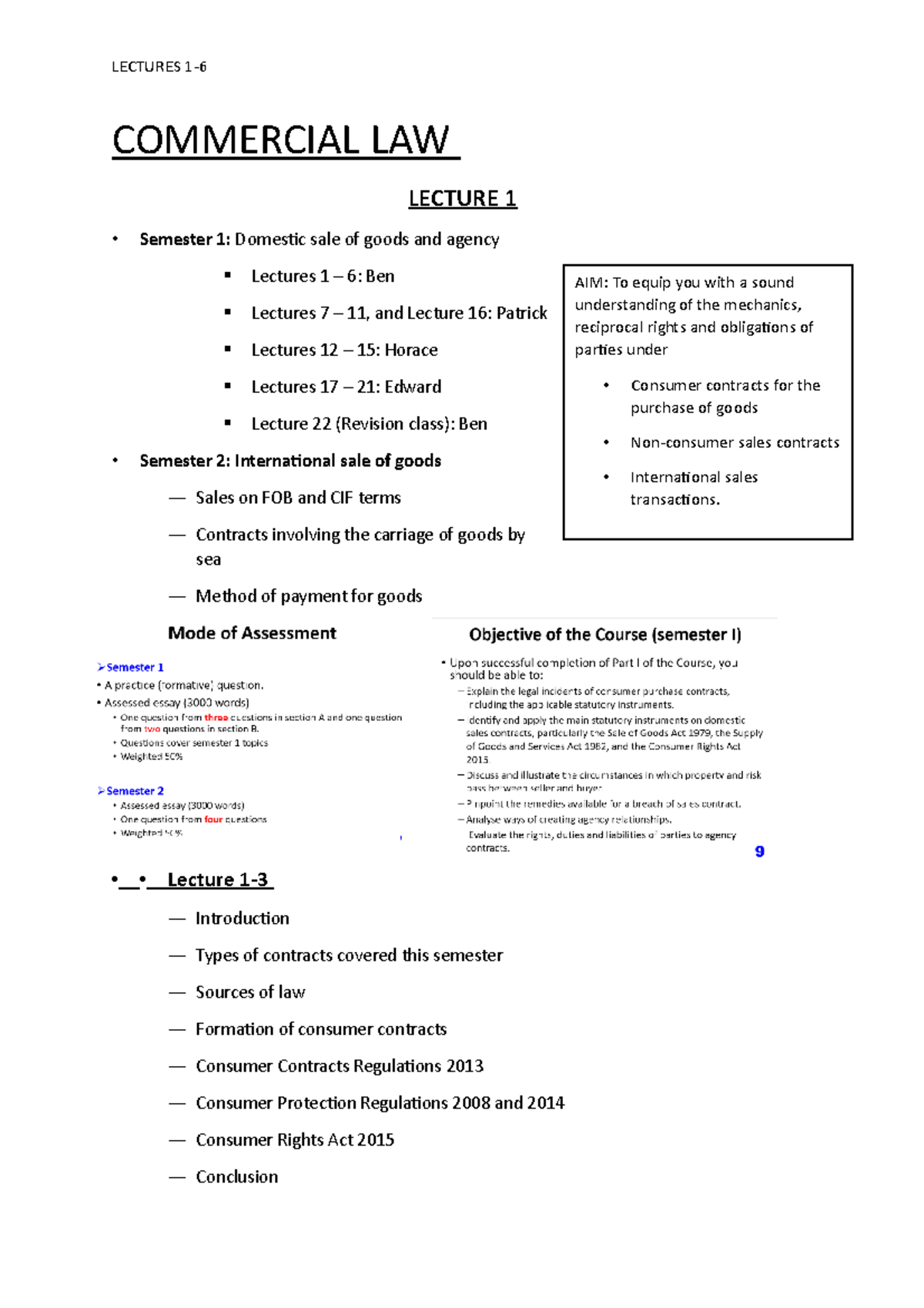 1. Consumer Contracts L1-3 - LECTURES 1-6 COMMERCIAL LAW LECTURE 1 ...