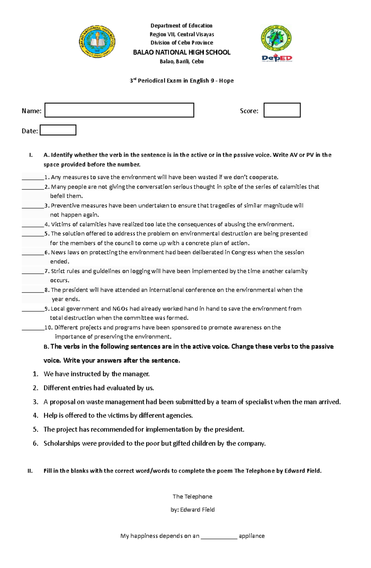 English 9 3RD - Periodical exam - Department of Education Region VII ...