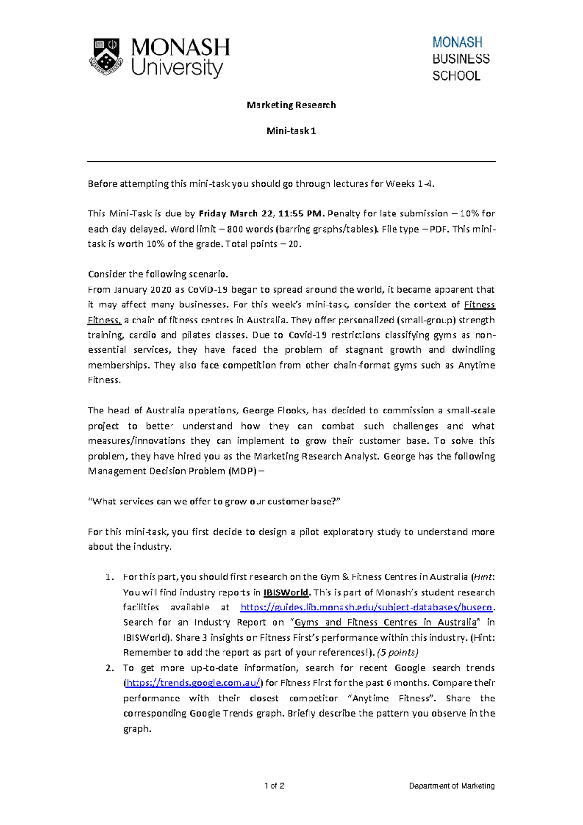 Mini Task 1 - mini tasl 1 - 1 of 2 Department of Marketing Marketing ...