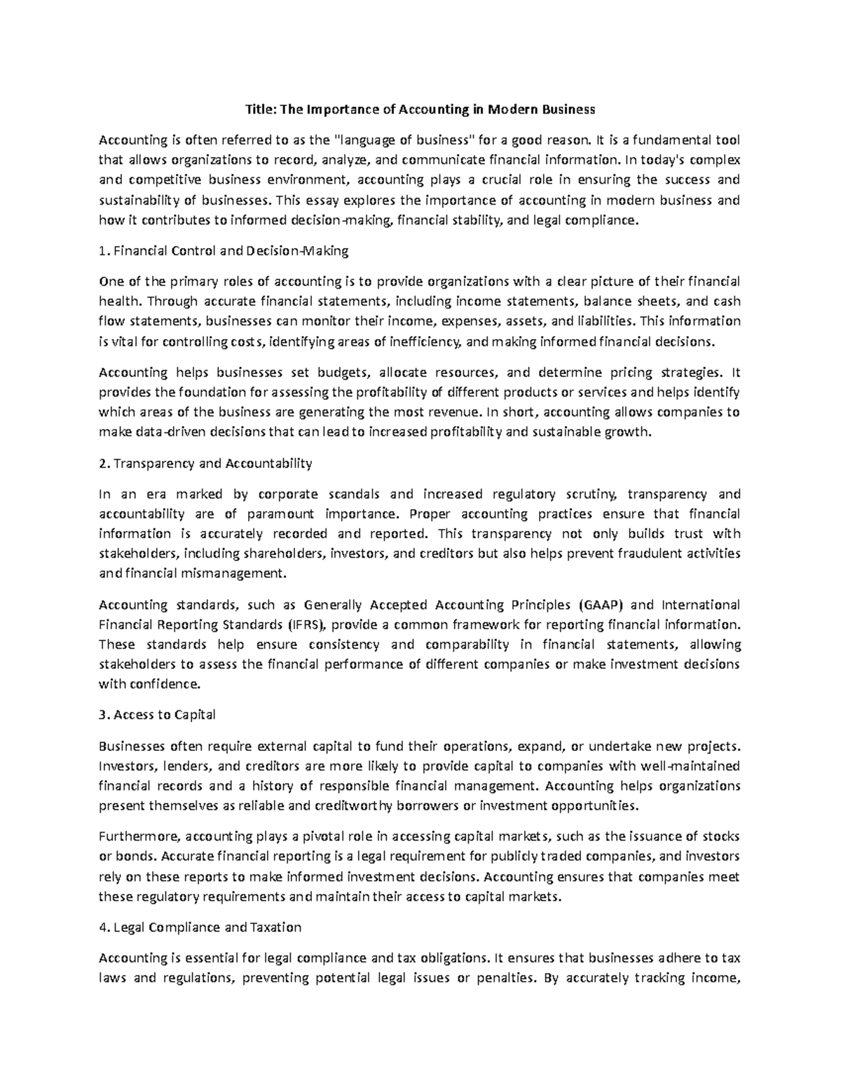 The Importance of Accounting in Modern Business - Title: The Importance ...