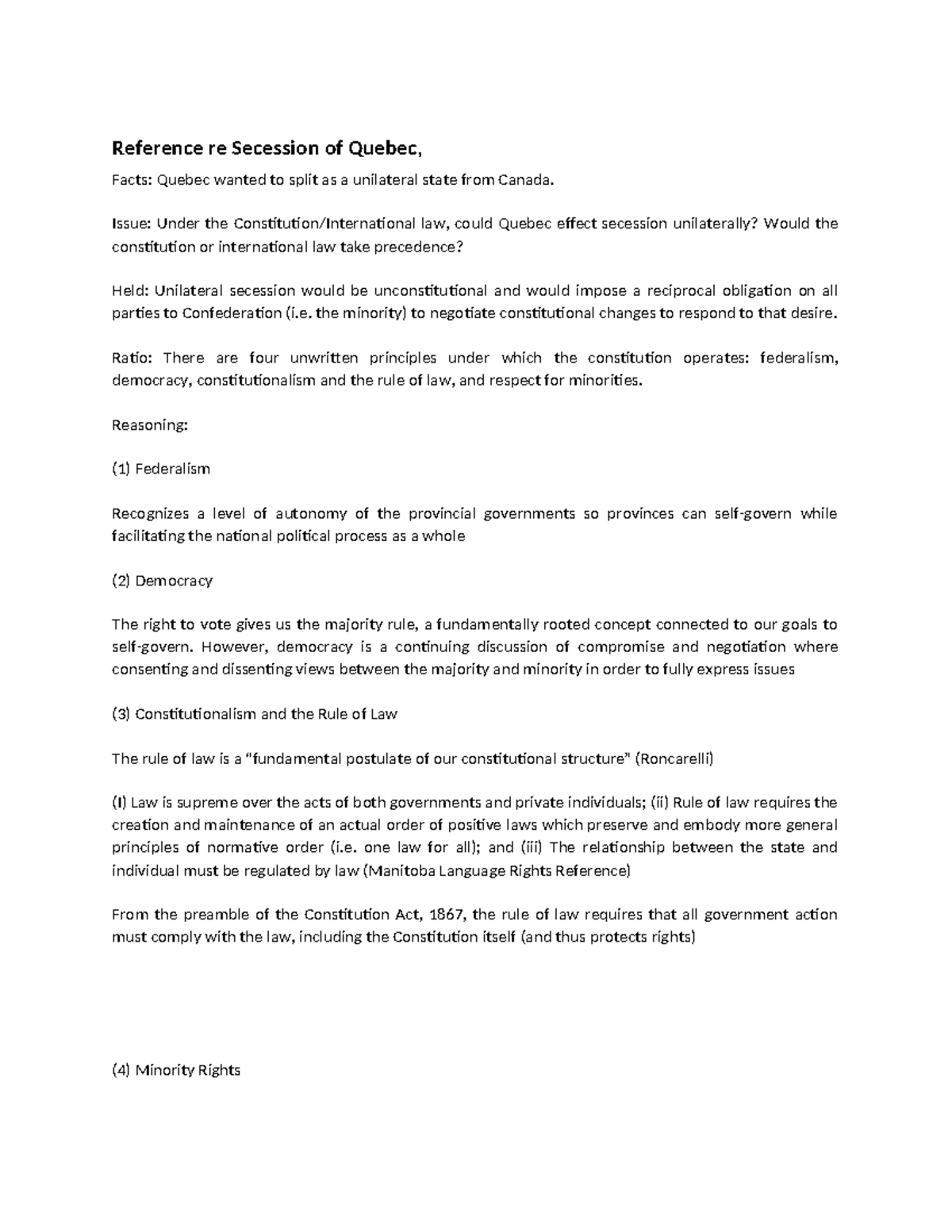 Ref re succession - Summary Constitutional Law - Reference re Secession ...