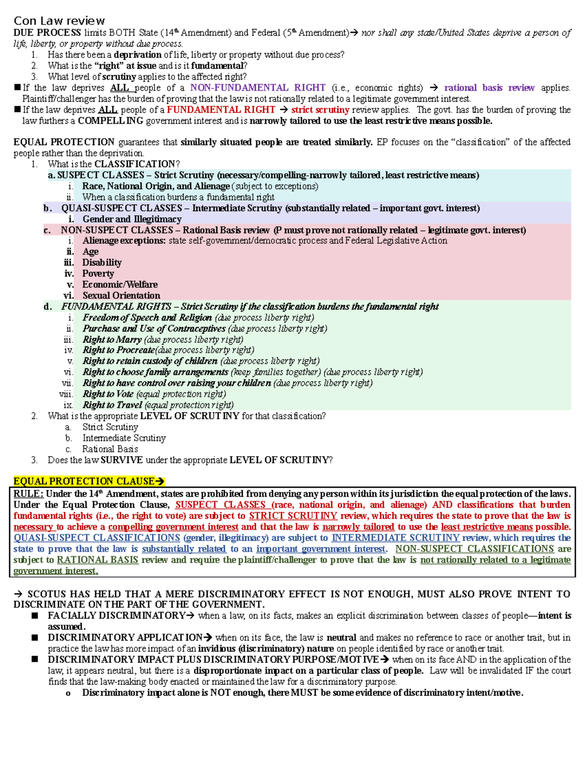 Revised CON LAW Outline - Con Law review DUE PROCESS limits BOTH State ...