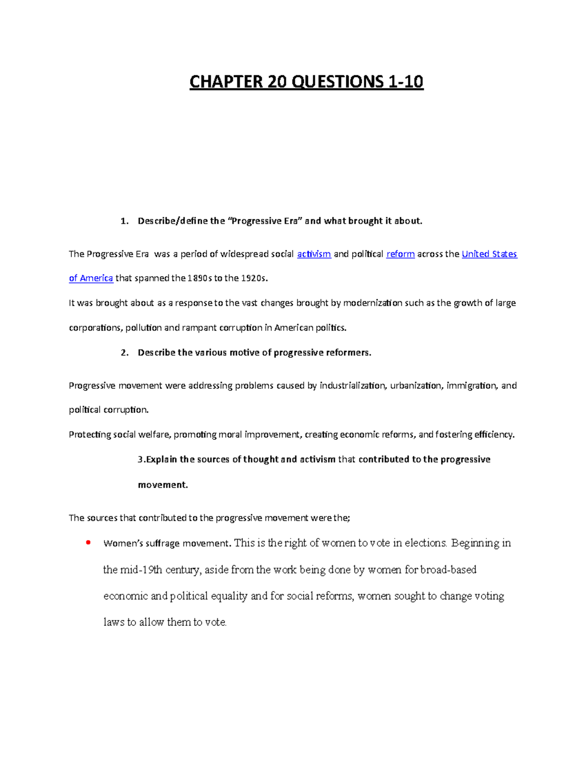 History asssignment answers - CHAPTER 20 QUESTIONS 1- Describe/define ...
