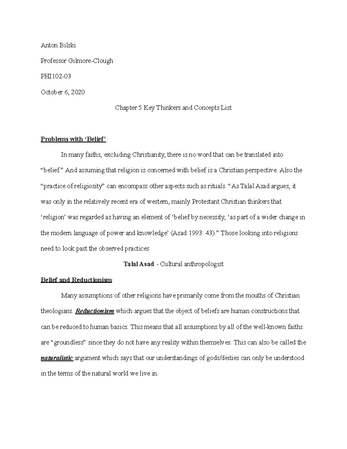 Ch. 5 Key Thinkers Concepts List - Anton Bilski Professor Gilmore ...