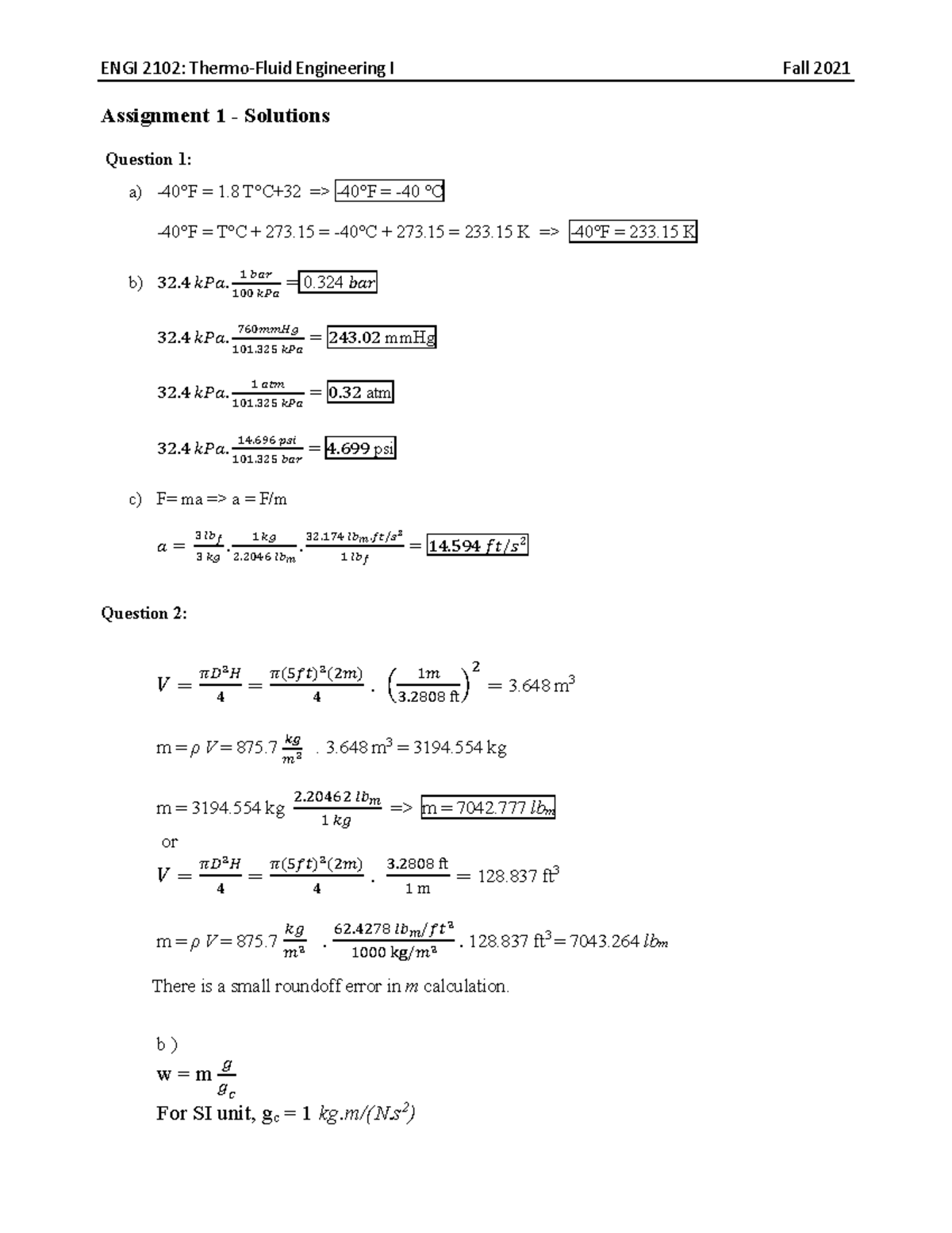 Assignment 1 - Solutions - ENGI 2102: Thermo‐Fluid Engineering I Fall 2021 Assignment 1 - Studocu