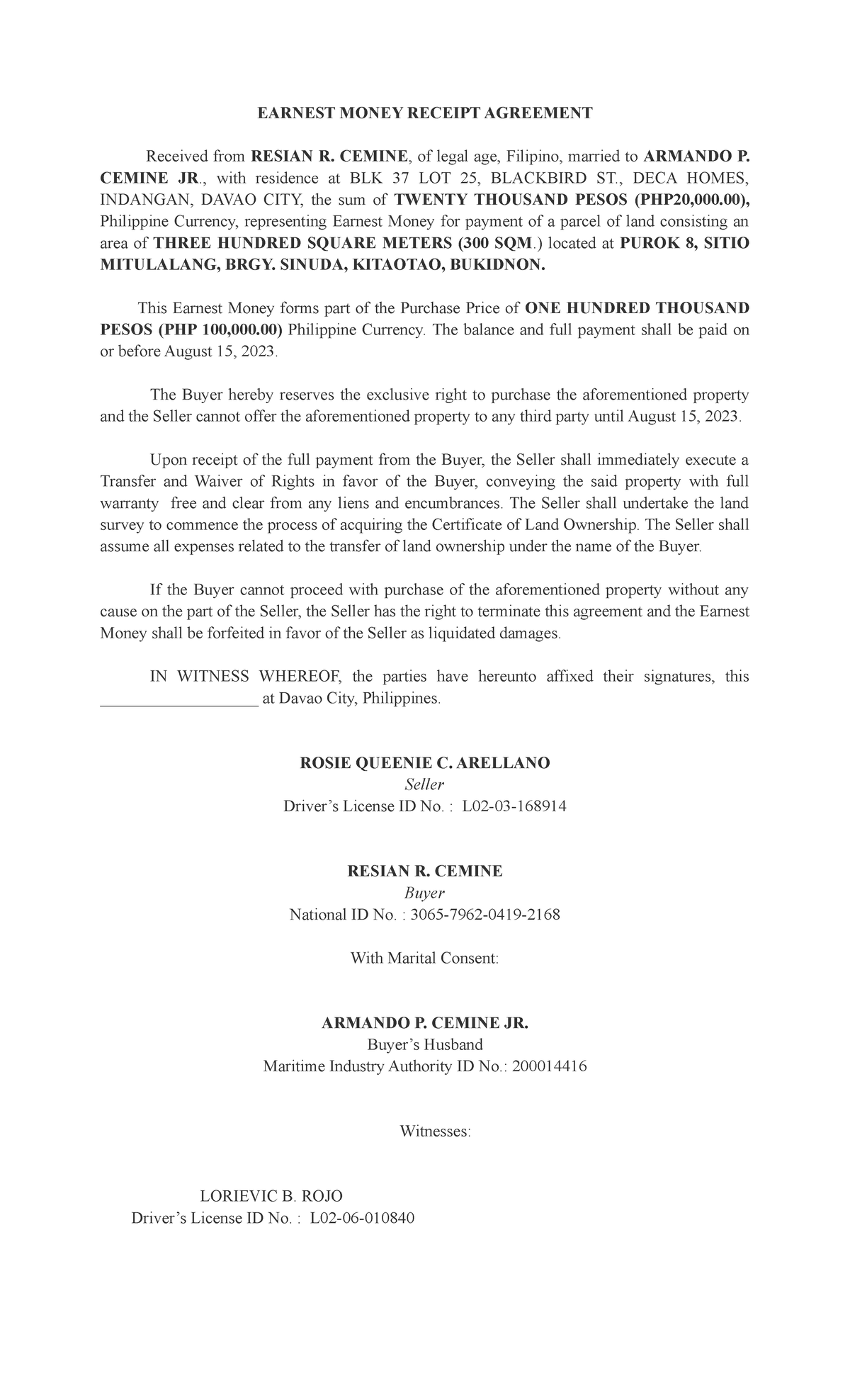 Earnest Money Receipt Agreement - EARNEST MONEY RECEIPT AGREEMENT ...