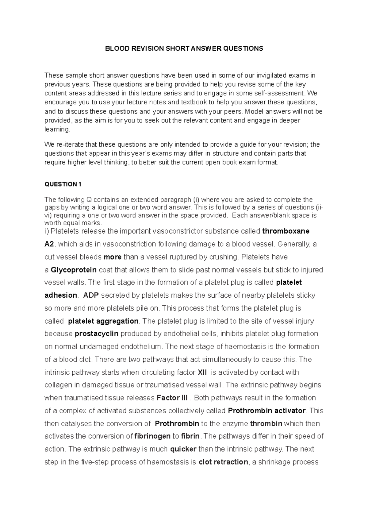 Blood SAQs - SAQs - BLOOD REVISION SHORT ANSWER QUESTIONS These sample ...