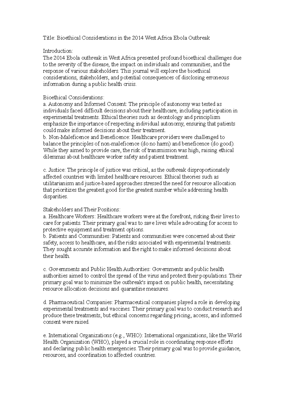 HS 4812 unit 6 LJ - Title: Bioethical Considerations in the 2014 West ...